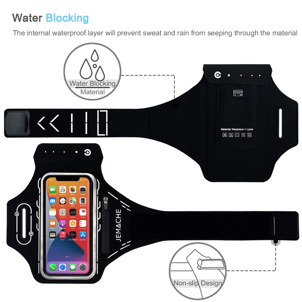 JEMACHE Running Armband for iPhone 15 14 13 12 11 Pro, Samsung Galaxy S24 S23 S22 S21, Gym Workouts Arm Band with Airpods Holder (Black)