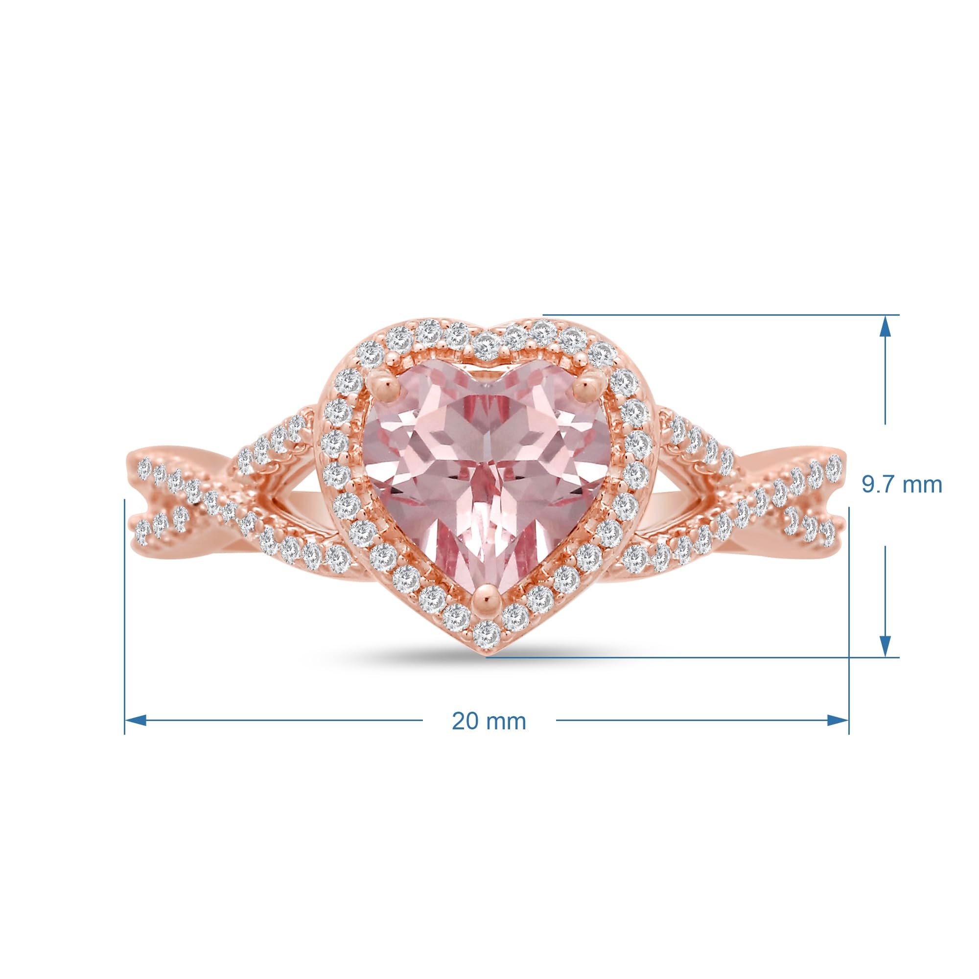 Jewelili Rose Gold over Sterling Silver 7 MM Heart Shape Created Morganite and Round Created White Sapphire Heart Ring, Size 7