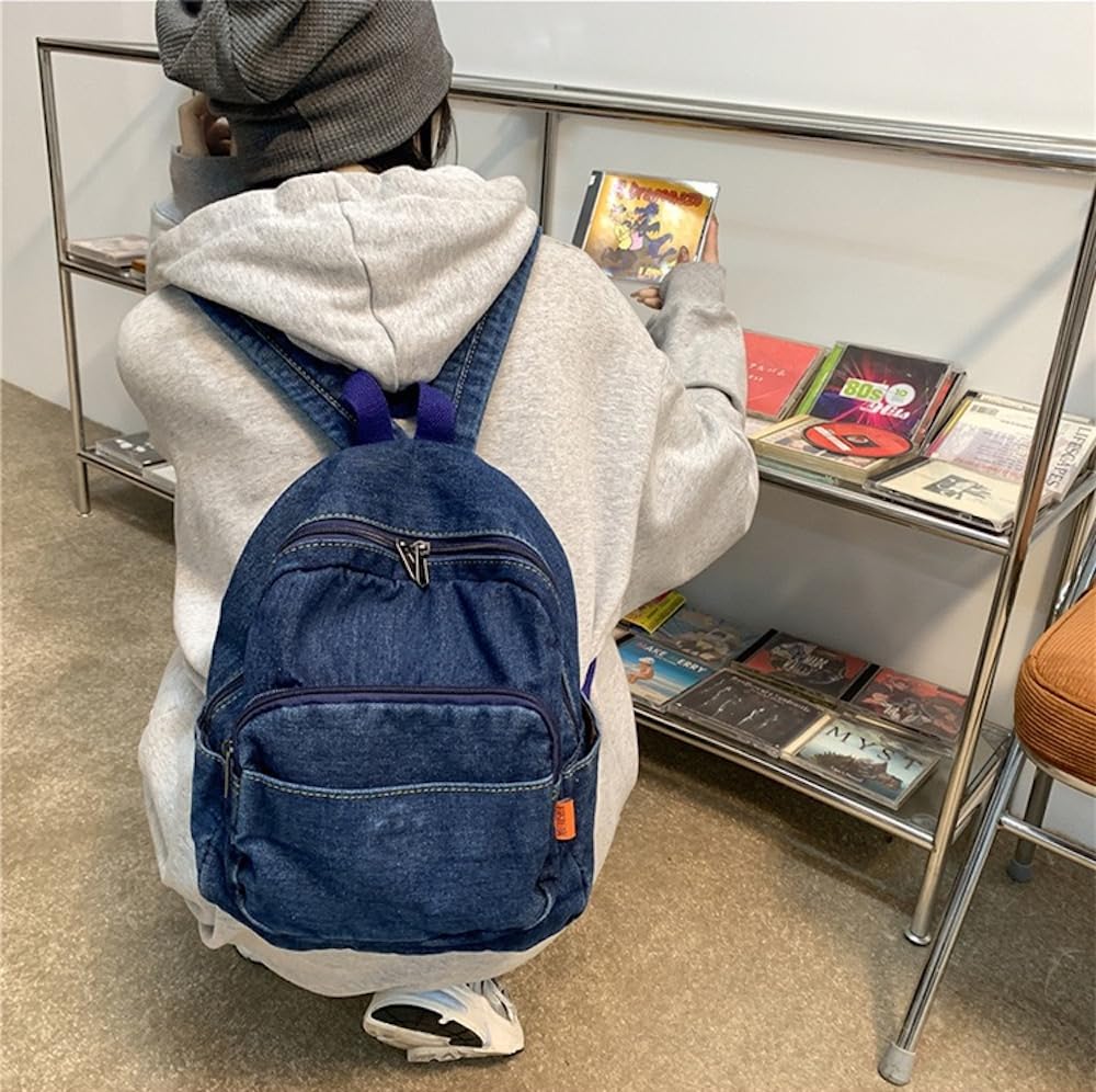 JHTPSLR Small Denim Backpack for Women Vintage Aesthetic Backpack Mini Denim Backpack Canvas Backpack Casual Daypack (Dark Blue)