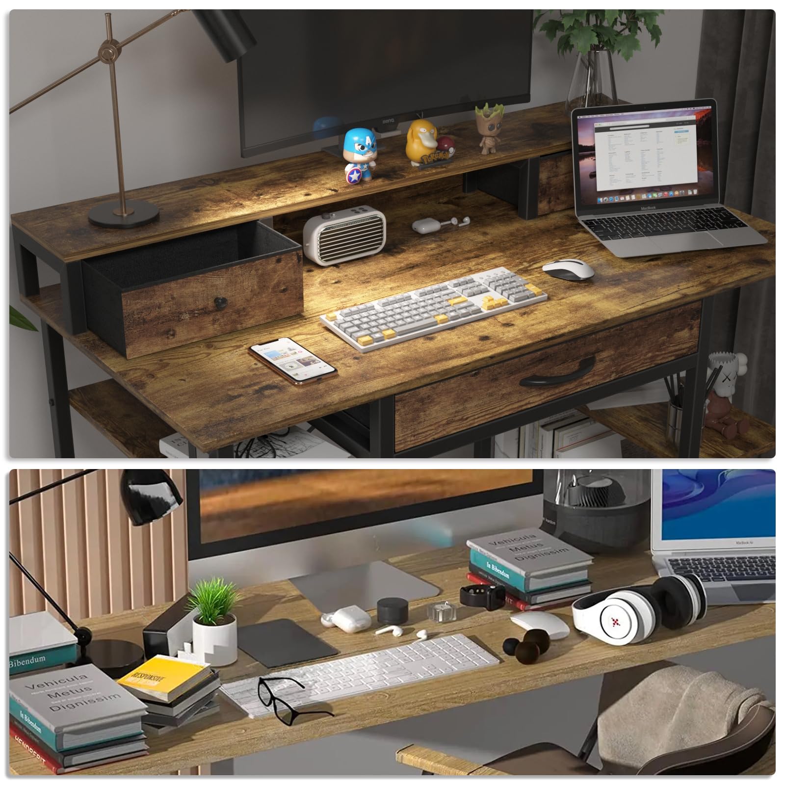 Treesland Computer Desk, 47" Office Desk with Monitor Shelf, Dual Tiers Home Office Gaming Desk with Drawers, Work Desk with Double-Layer Storage Rack, Stable Writing Desk, Rustic Brown