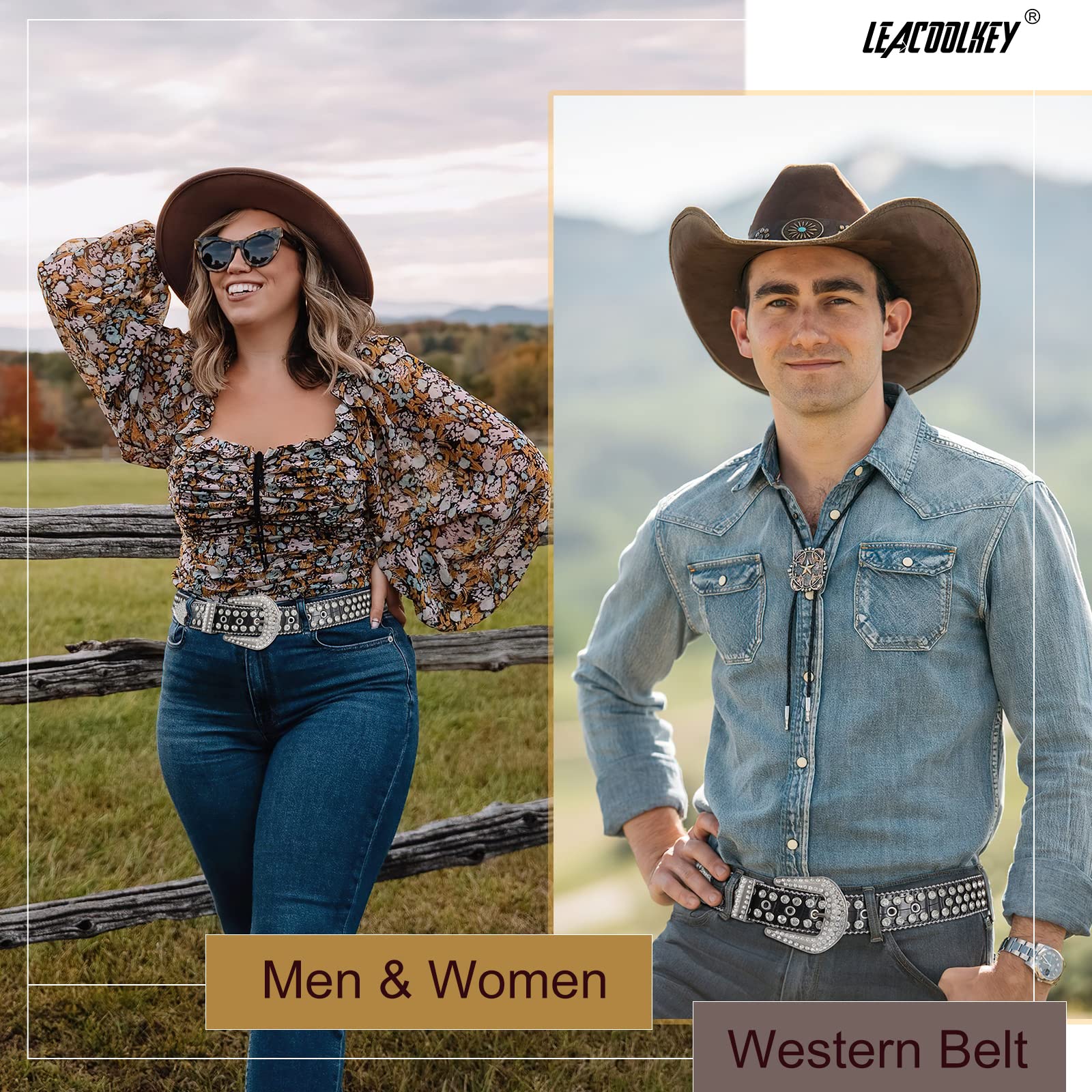 LEACOOLKEY Men Women Rhinestone Leather Belt for Jeans Dress Western Cowboy Shiny Diamond Studded Design Belt Plus Size