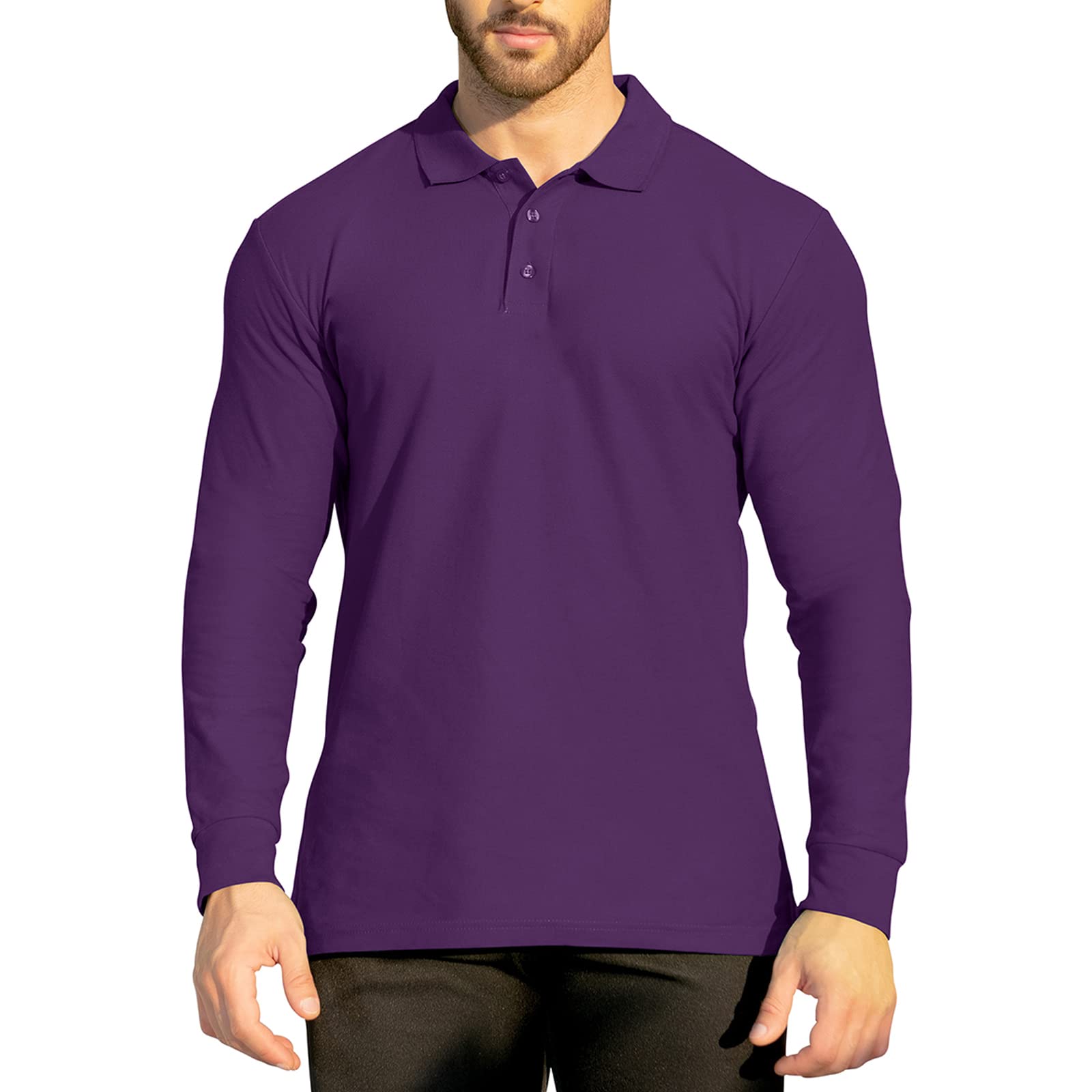 Miqieer Men's Long Sleeve Polo Shirts Regular-Fit Cotton Golf Polo Shirts (Purple,Large)