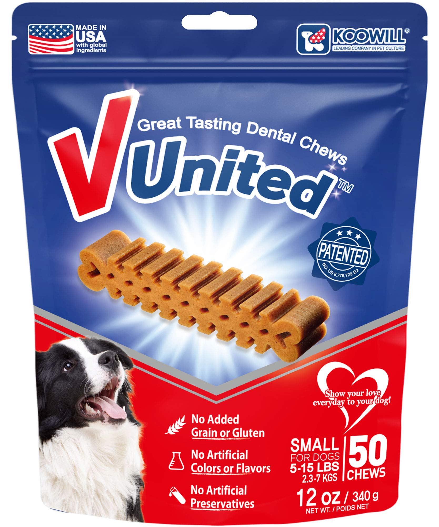 Koowill V United Patented Unique Design All Natural Dental Chew for Dogs (12 Ounce Pouch)