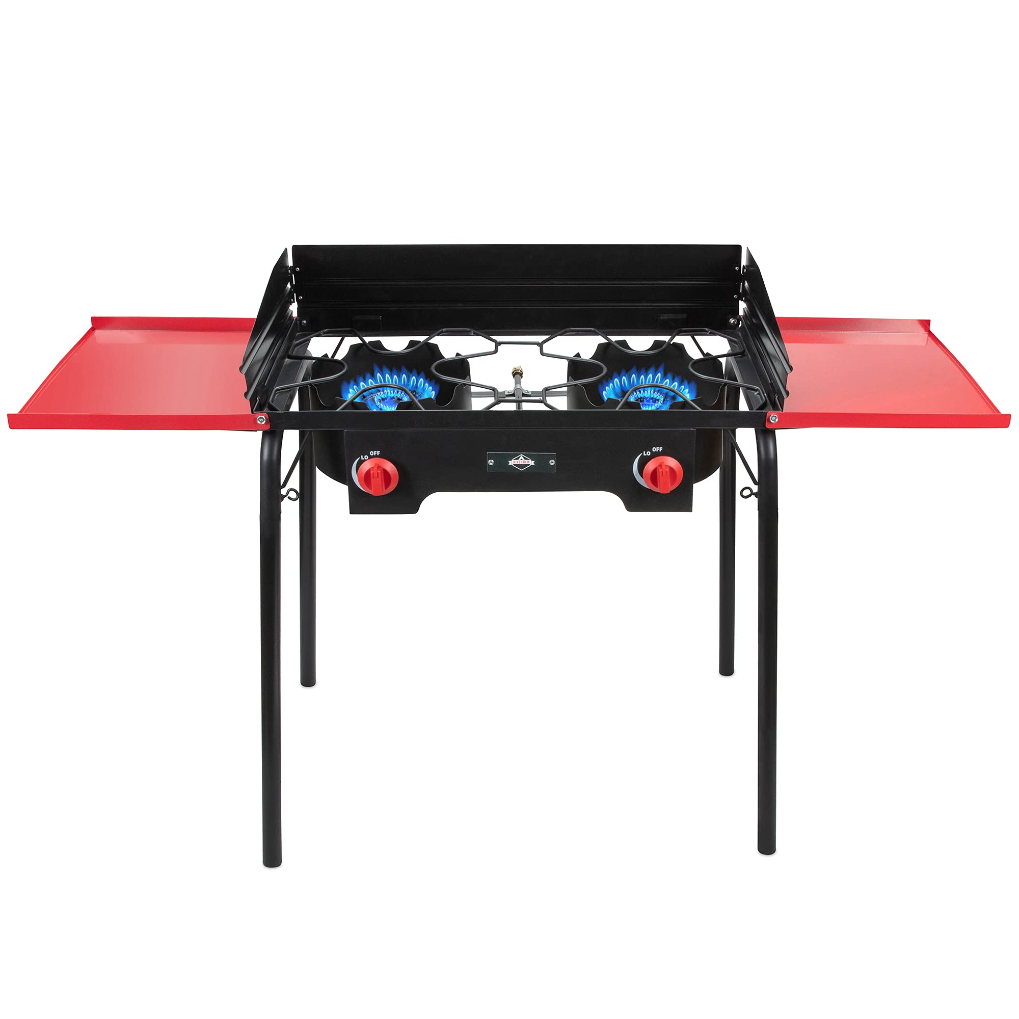 Hike Crew Cast Iron Double-Burner Outdoor Gas Stove | 150,000 BTU Portable Propane-Powered Cooktop with Removable Legs, Temperature Control Knobs, Wind Panels, Hose, Regulator & Storage Carry Case