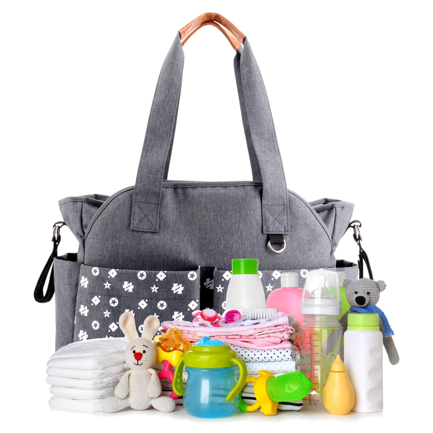 Jenleestar Diaper Tote Bag, Diaper Changing Handbag with Stroller Straps & Shoulder Strap for Hospital & Maternity, Large Capacity Baby Weekender Travel Bag(Grey)