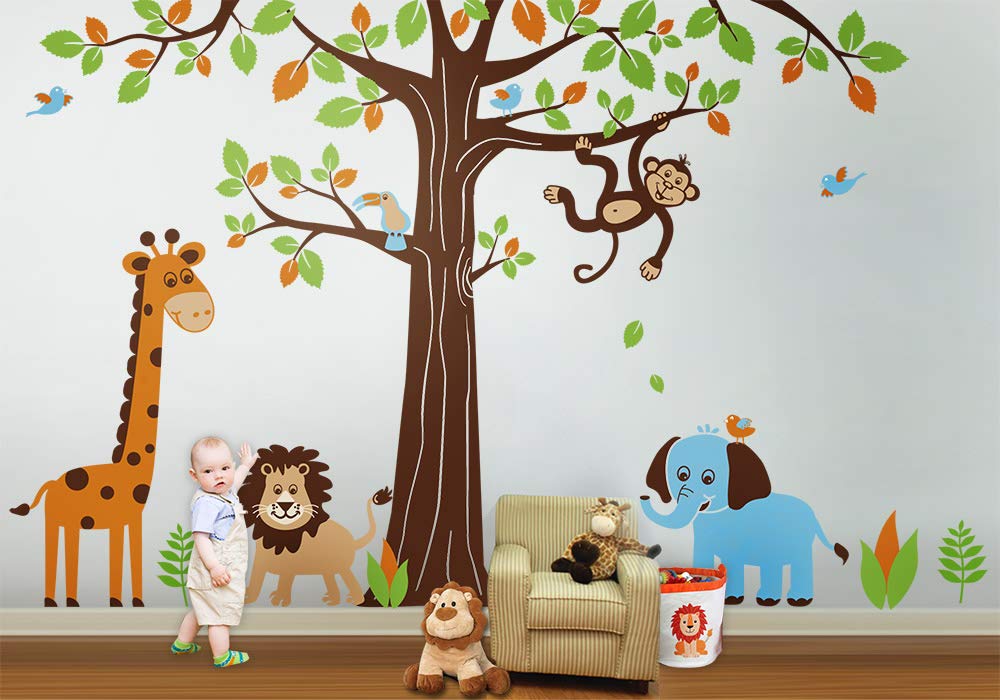Jungle Safari Animals with HUGE Tree Wall Decal Set, Lion Elephant Monkey Giraffe Nursery Kids Decal Sticker Baby Room Art