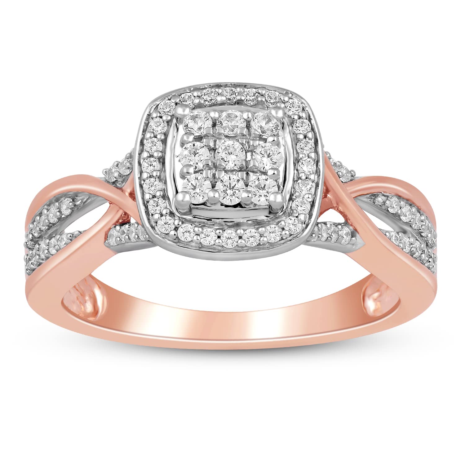 Jewelili Rose Gold over Sterling Silver 1/3 Cttw Natural White Round Cut Diamond Bridal Engagement Ring, Size 8