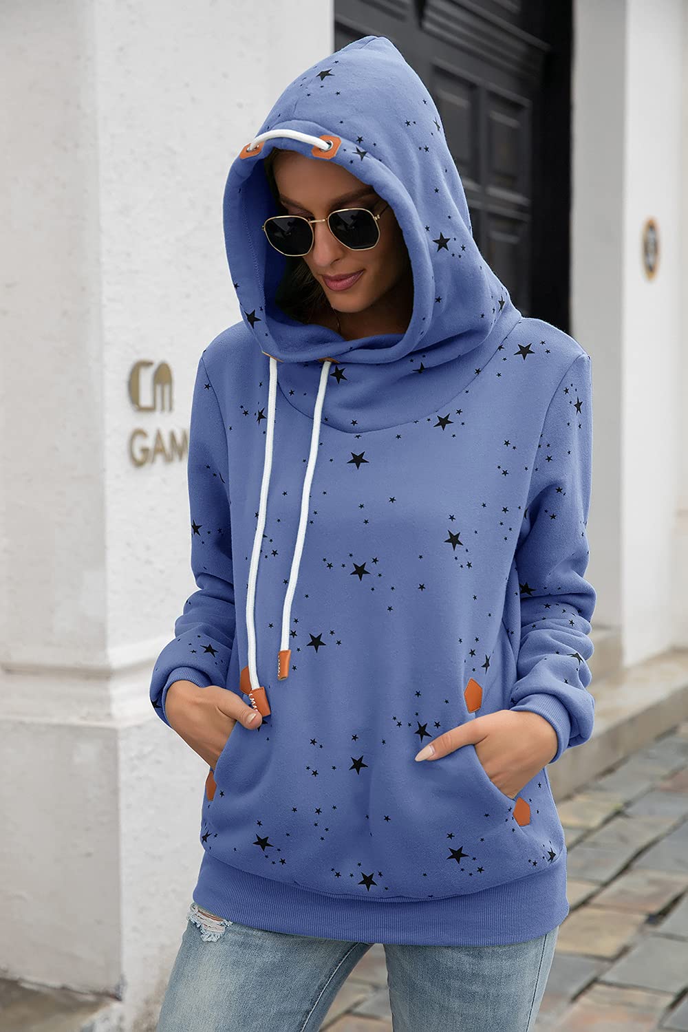 Kapoohott Womens Hoodies Long Sleeve High Necked Printed Hoodies Casual Comply Pullover Sweatshirts with Pockets(Blue,S)