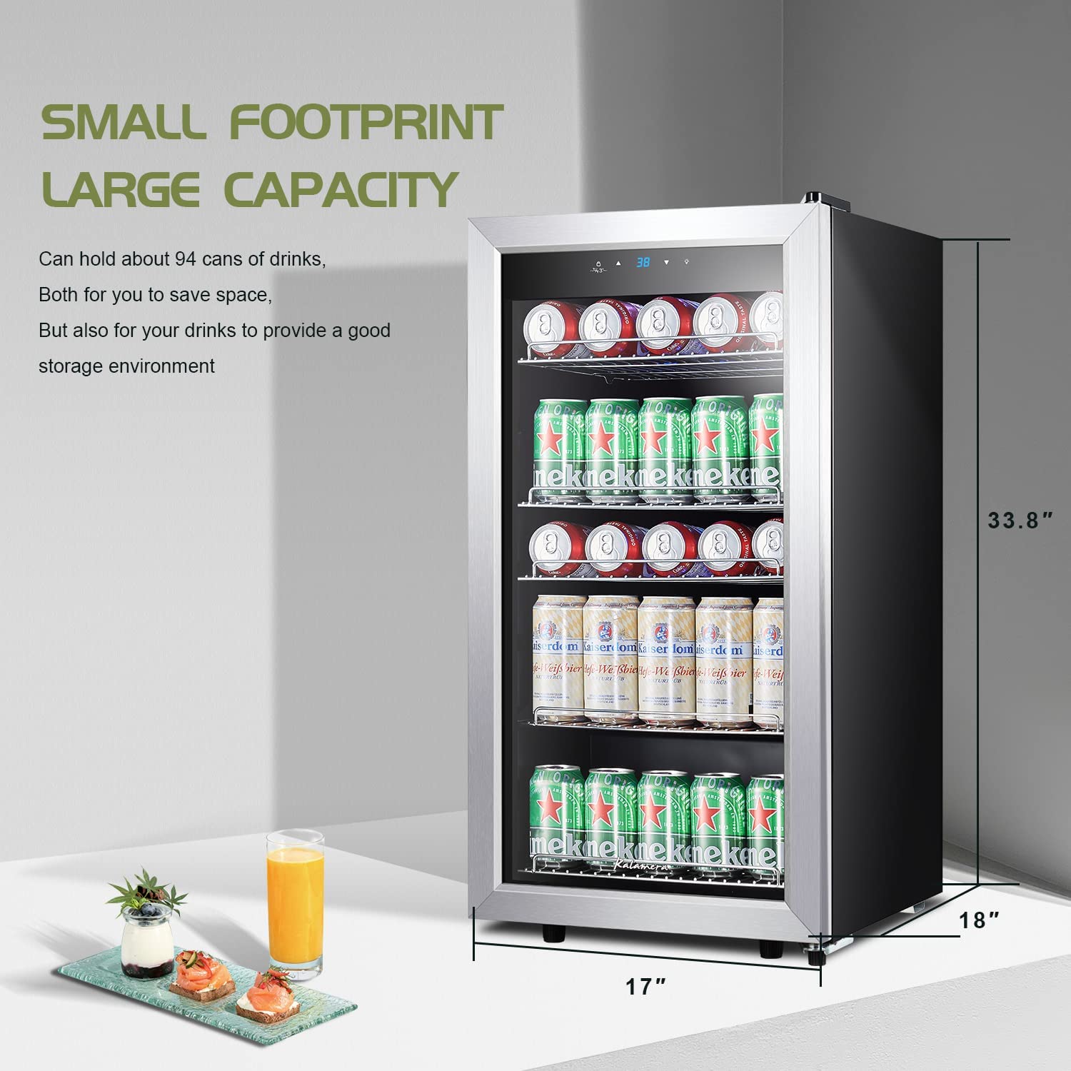 Kalamera 24 inch Stainless Steel Beverage Refrigerator, Under Counter Beverage Cooler for 154 Cans with 32-41℉ Temperature Range - Soda and Beer Refrigerator with Soild Stainless Door