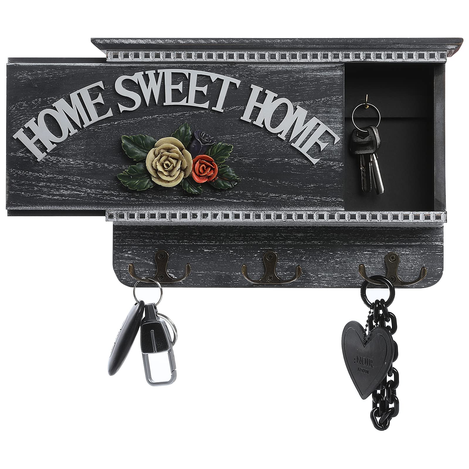 HRONRAD Farmhouse Key Holder for Wall, Home Sweet Home Decorative, 3 Double Key Hooks, Cute Keys Organizer for Entryway, Rustic Wall Mounted Key Racks (Black)