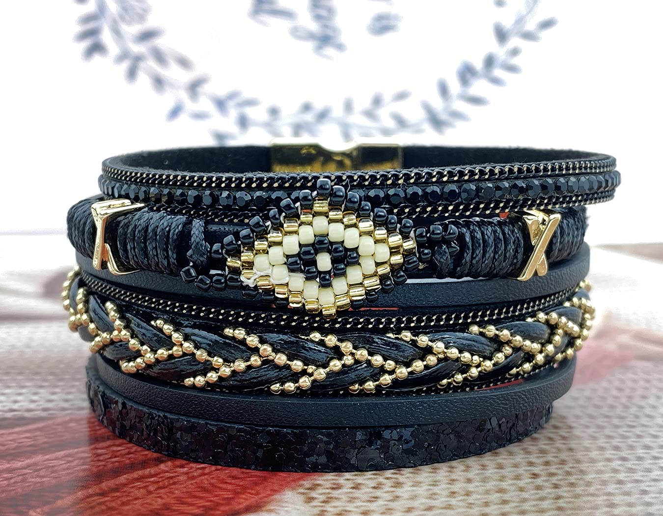 Kar Nann Ethnic Bohemian Leather Bracelet Layered Leather Bracelet Jewelry Hand-Woven Khaki Leather Bangle Gift For Women&Men