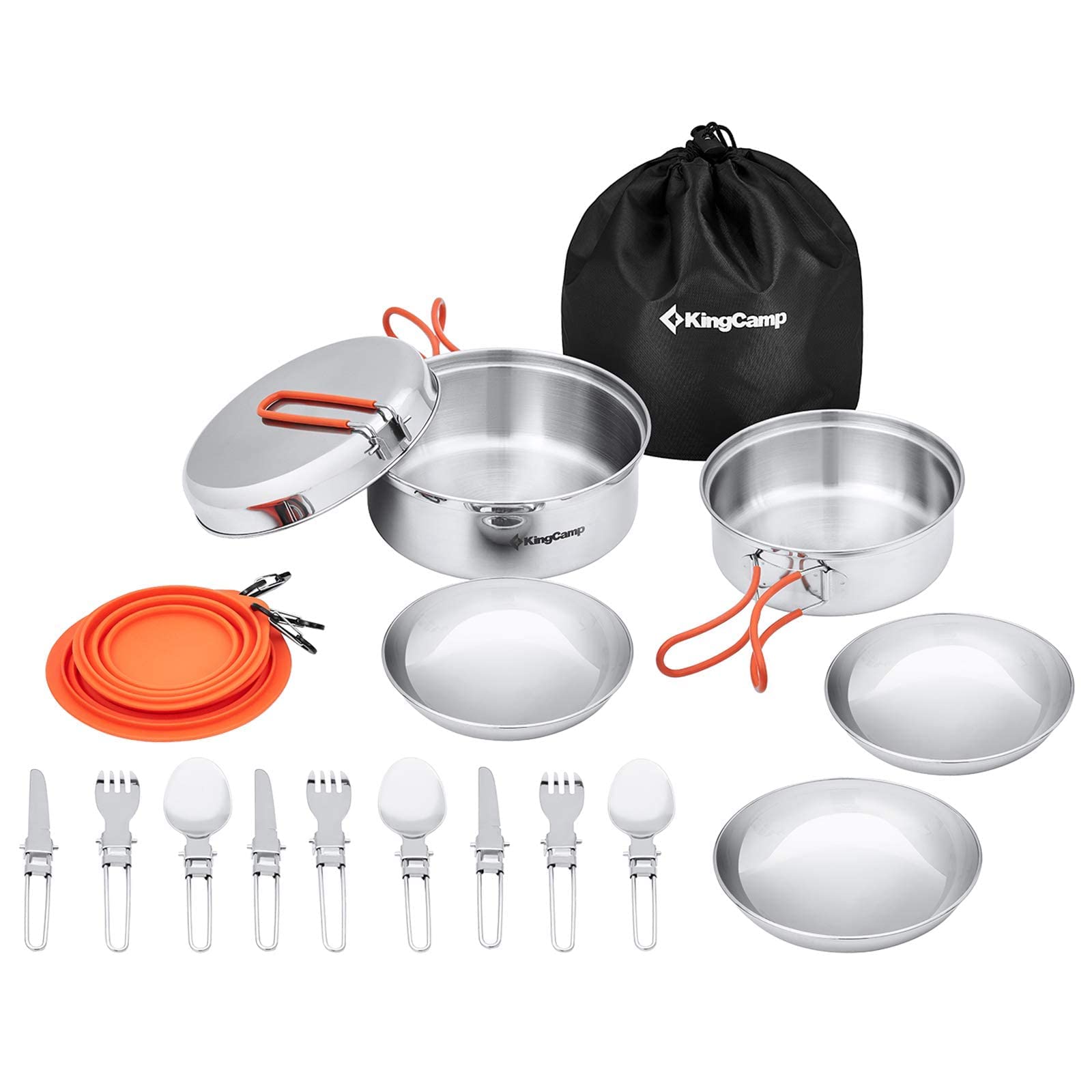 KingCamp 17 PCS Stainless Steel Camping Cookware Mess Kit Lightweight Compact Backpacking Cooking Set for Outdoor Picnic Hiking includes Pot Pan Bowls Plates Knife Spoon Fork 2 Persons