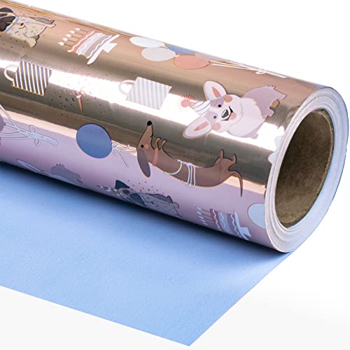 WRAPAHOLIC Reversible Birthday Wrapping Paper - Mini Roll - 17 Inch X 33 Feet - Adorable Dogs with Metallic Foil Shine and Solid Blue for Birthday, Party, Baby Shower