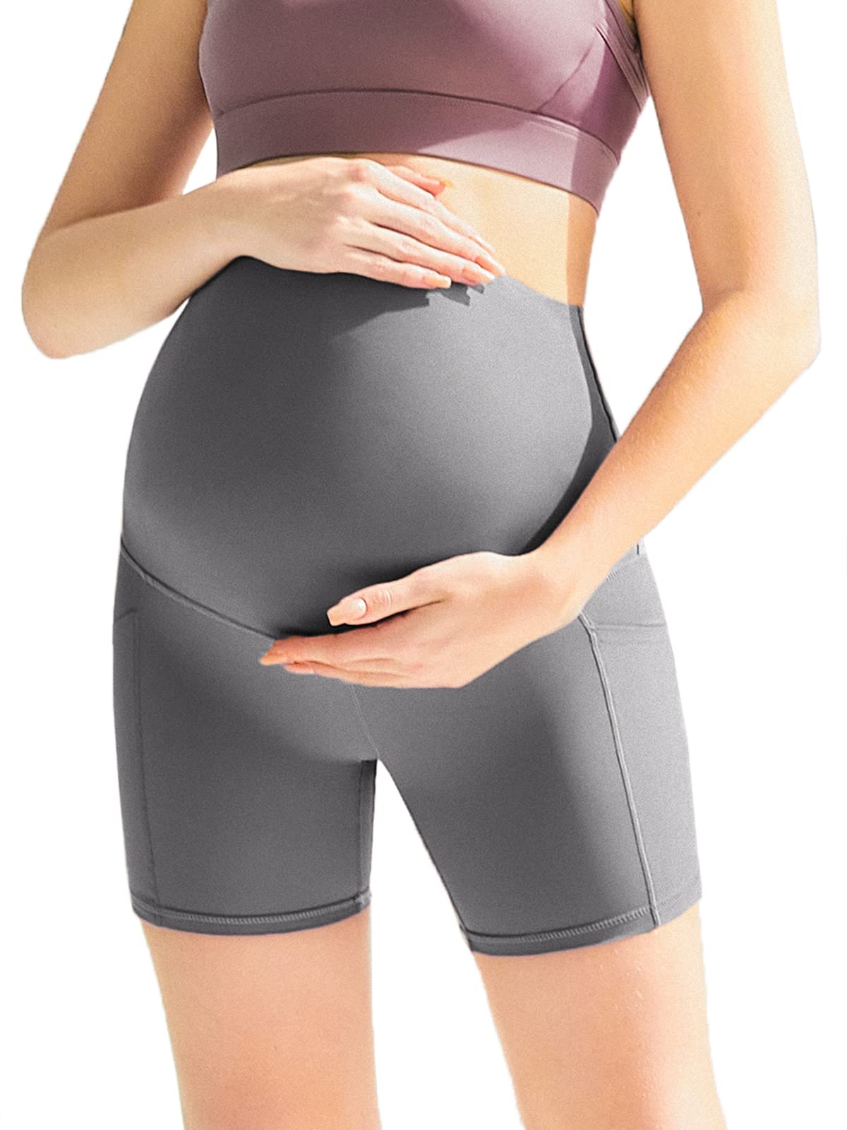 Maacie Pregnancy Yoga Shorts Elastic Waist Non See-Through Comfy Soft Full Panel Shorts Dark Grey 5" X-Large