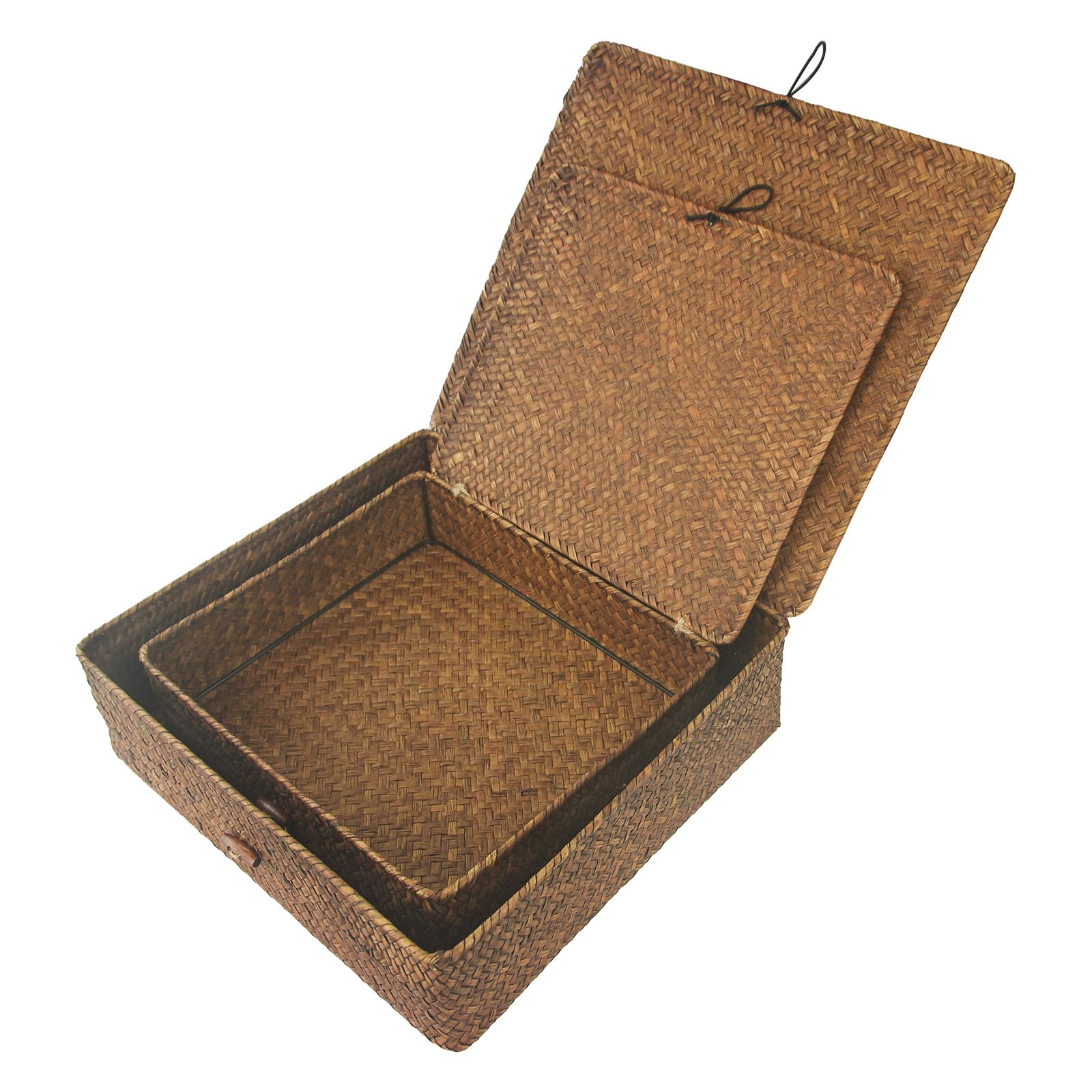 Ululusky 2 Pack Woven Seagrass Storage Basket with Lid, Multi-Purpose Shelf Baskets Home Boxes Organizer for Home Decor and Organization