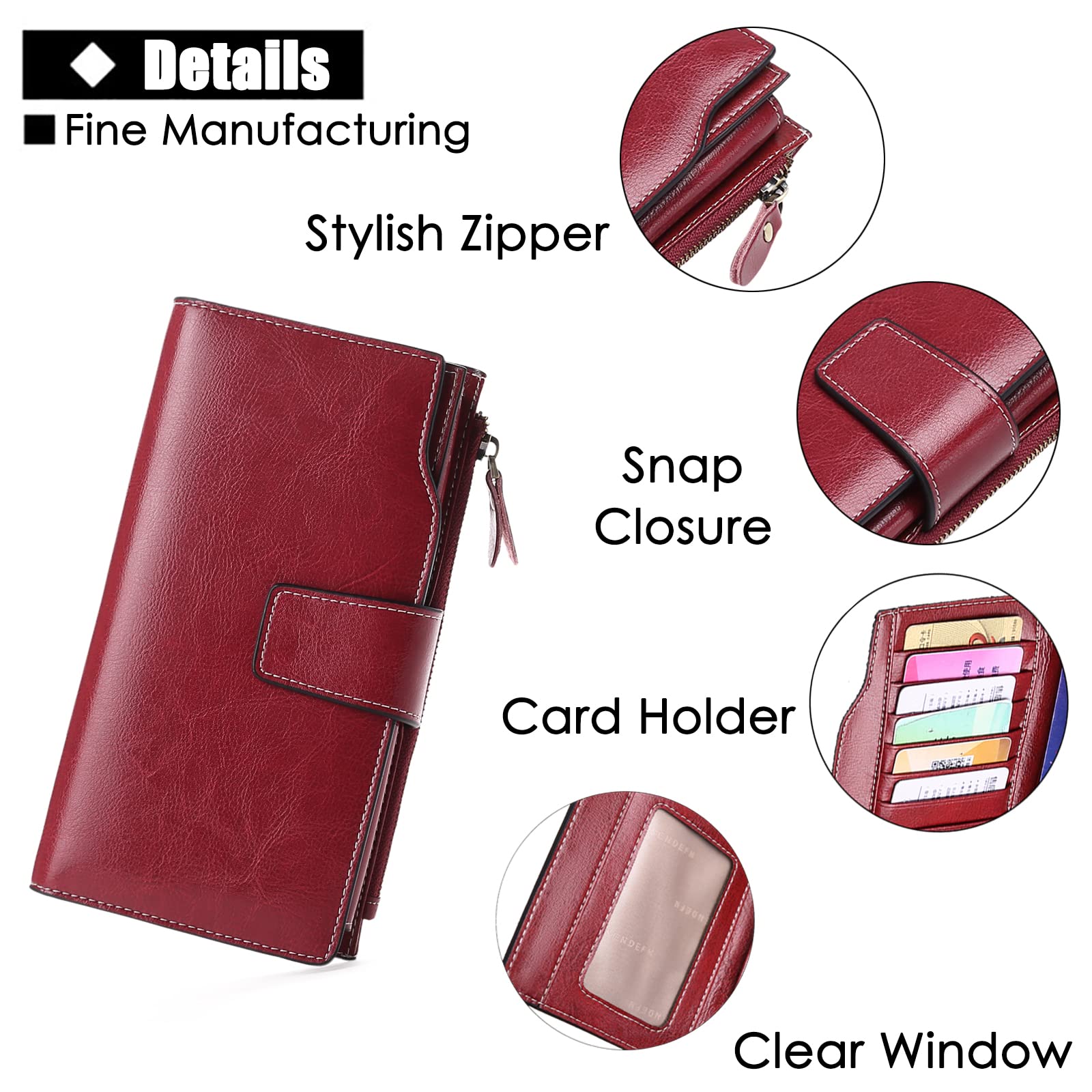 KELEEL Women Wallet RFID Blocking Large Capacity Genuine Leather Purse with ID Window Card Holder Organizer Zipper Pocket Clutch (Wine Red)