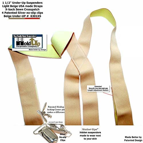 Holdup Traditional Style Tan 1 1/2" Under-Ups Suspenders for Men with USA Patented Metal "No-Slip" clips