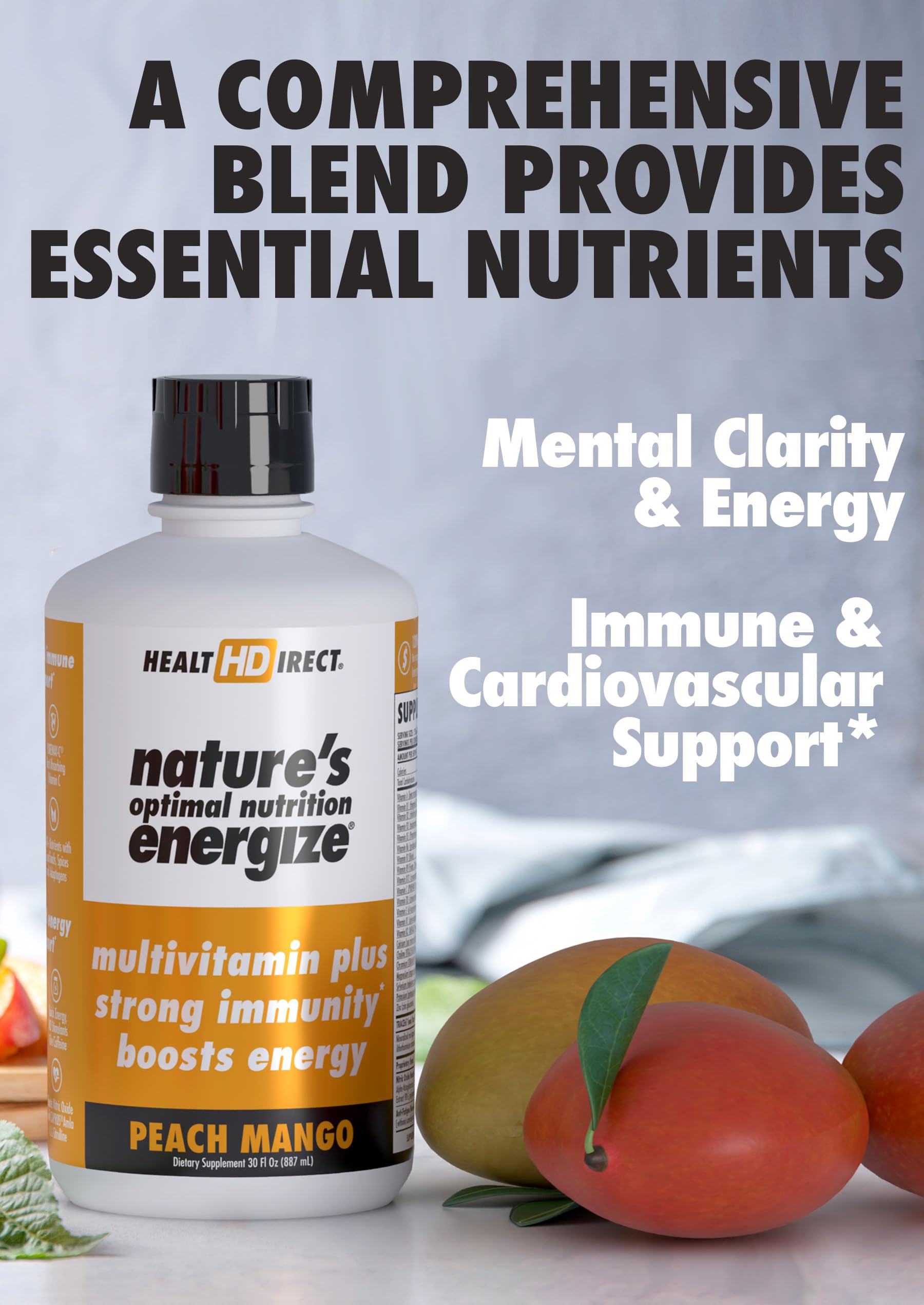 HEALTH DIRECT - Nature's Optimal Nutrition Energize Liquid Multivitamin Superfood - 140+ Nutrients - Mental Clarity & Energy - Immune & Cardiovascular Support β 30 Servings β Peach Mango