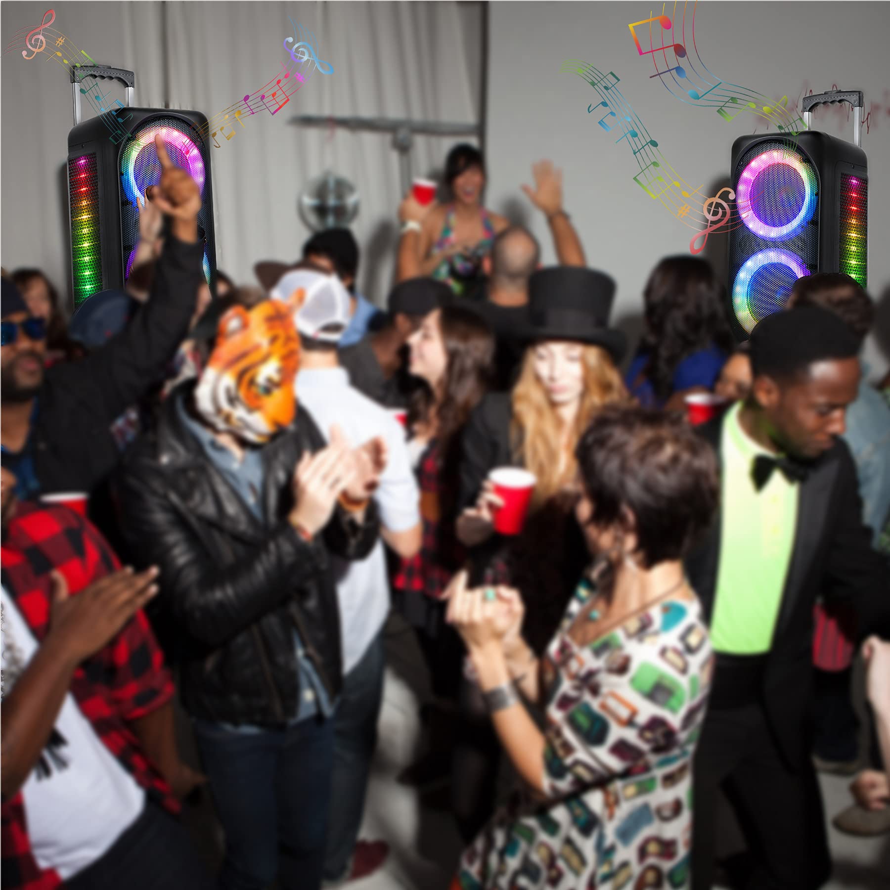Karaoke Machine w. Microphone & Tablet Holder Rechargeable Wireless Portable Party Bluetooth Trolley Speaker Outdoor Amplifier System 8" x2 Dual Speakers 3-Side LED Disco Lights NuBoom