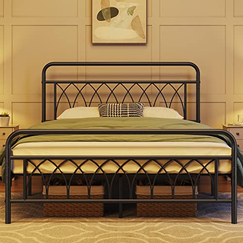 Yaheetech Queen Bed Frame Metal Platform Bed with Petal Accented Headboard/Footboard/14.4 Inch Under Bed Storage/No Box Spring Needed,Black