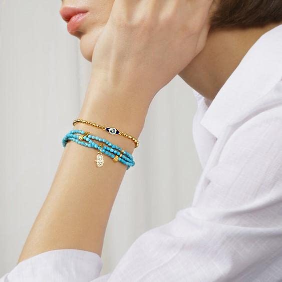 KARMA AND LUCK - Blessed Tranquility - Women's Real Turquoise Stone 18K Gold Plated Multi Symbol Hamsa Hand OM Charm Adjustable Wrap Bracelet - Ready to gift for her