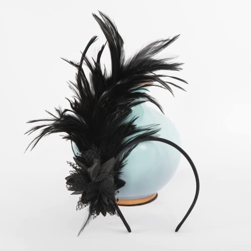 LyMet Women's 1920s Feather Fascinator Headband, Tea Party Flower Headpiece Derby Hat for Cocktail Gatsby Wedding (Black)