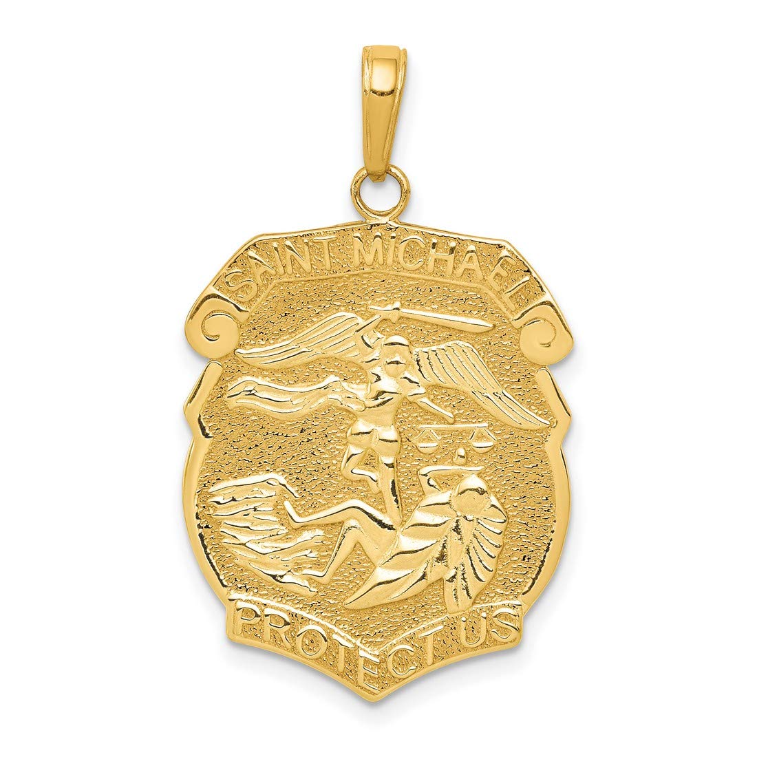 Jewelry Stores Network Solid Saint Michael Protect Us Words on Police Officer Badge Pendant in Real 14k Yellow Gold 26x21mm