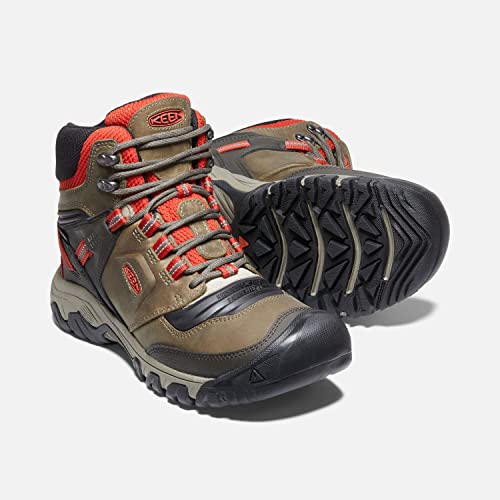 KEEN Men's Ridge Flex Mid Height Waterproof Hiking Boots, Dark Olive/Ketchup, 7 Wide
