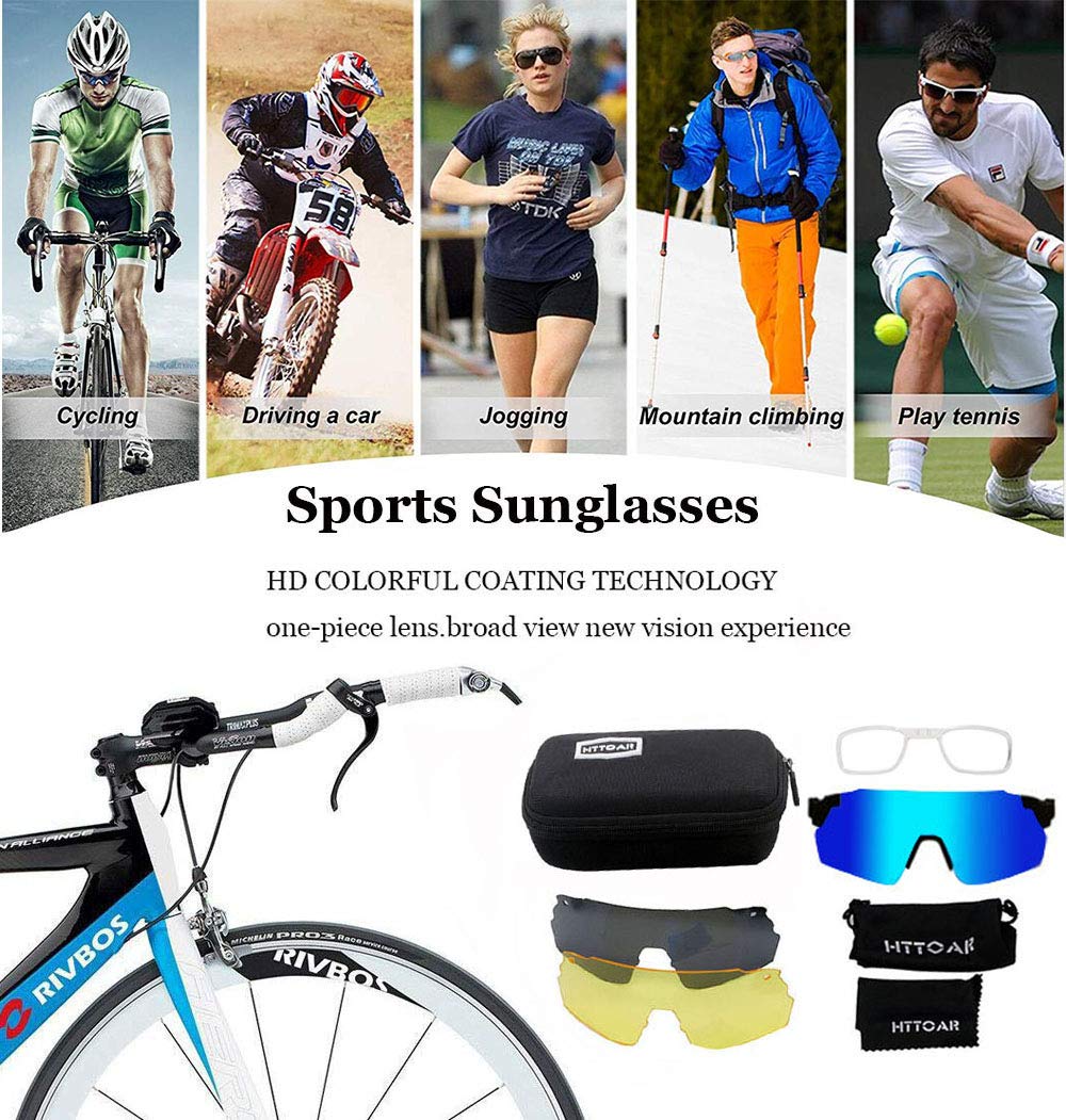 HTTOAR Cycling Glasses Sports Sunglasses with 3 Interchangeable Lenes for Men Women (Black blue)