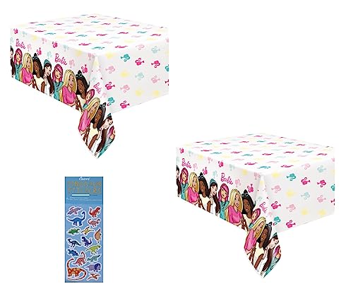 Unique Barbie Birthday Party Supplies Decoration Bundle Pack Includes 2 Plastic Table Covers and 1 Dinosaur Sticker Sheet