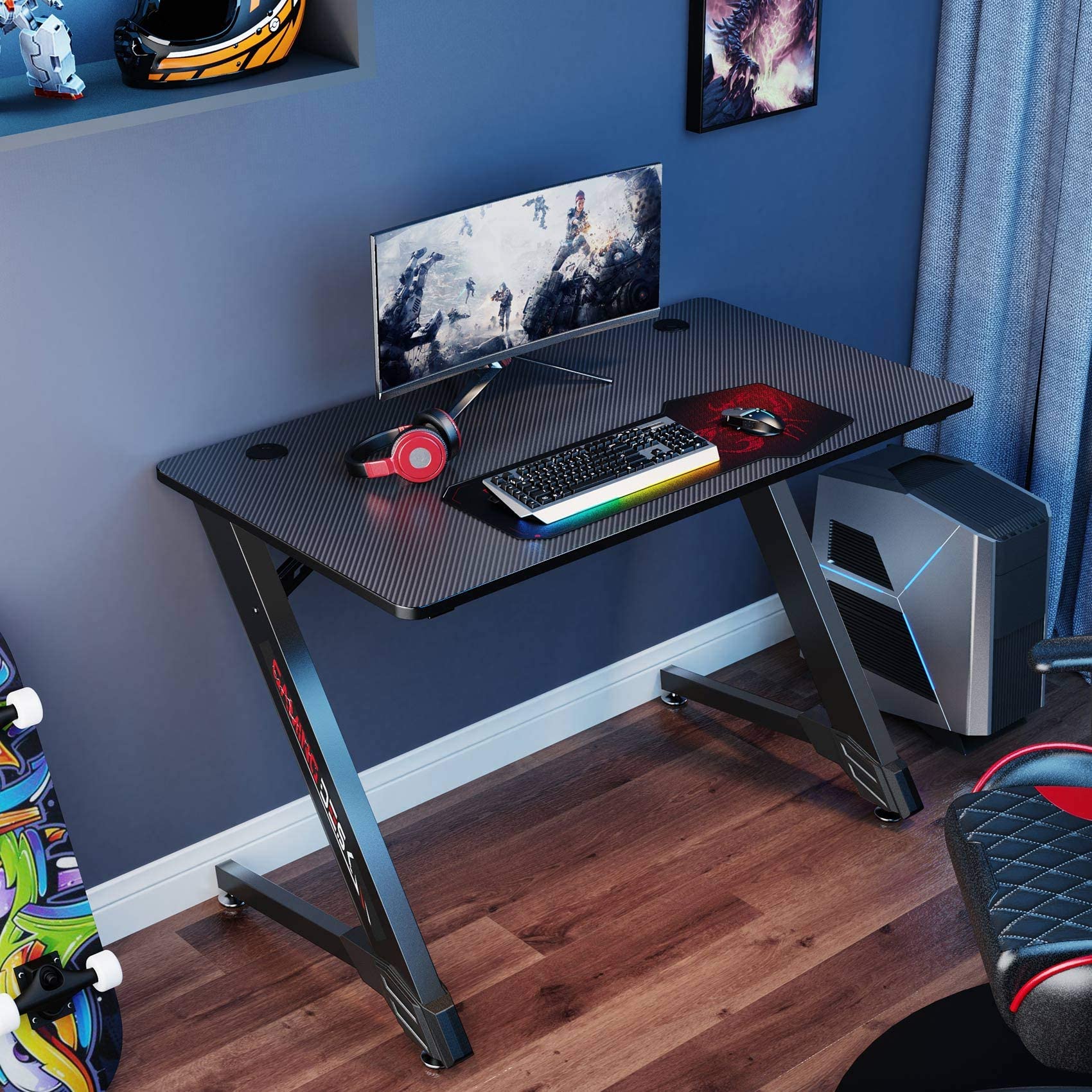 It's_Organized Gaming Desk 43 Inch Computer Desk Gaming Table Z Shaped PC Gaming Workstation Home Office Desk with Large Mouse Pad Carbon Fiber Surface,Black