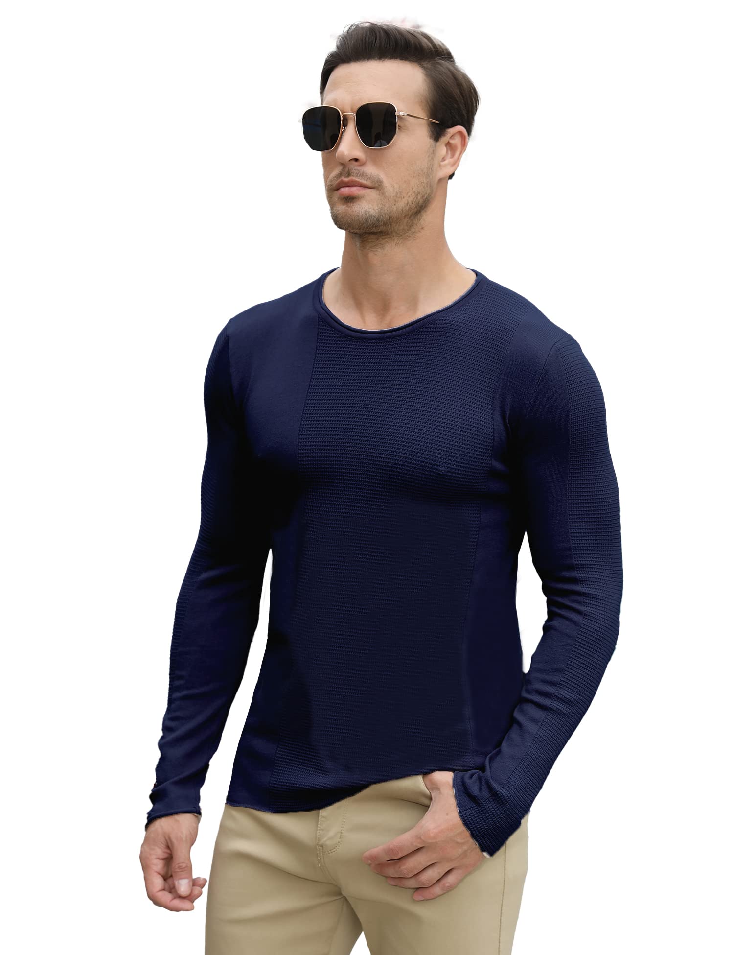 KELLORENA Men's Muscle T Shirts Stretch Long Sleeve Workout Tee Casual Slim Fit Gym Athletic T Shirts for Men Navy Blue