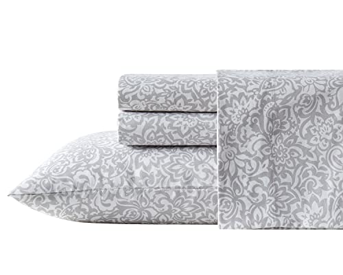 Indigo Ink - Full Size Sheet Set, 4-Piece Boho Floral Damask Patterned Bedding, Soft & Wrinkle Resistant (Tufted Medallion Collection, Grey)