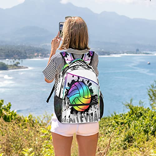 Volleyball Print Backpack, Sport Ball Black Backpacks Shoulder Bag Casual Lightweight Travel Laptop Daypack Bag for Women Men