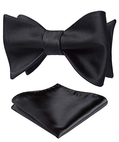 HISDERN Bow Ties for Men Solid Black Self Tie Bow Tie & Pocket Square Set Classic Formal Satin Bow ties for Tuxedo Wedding Party