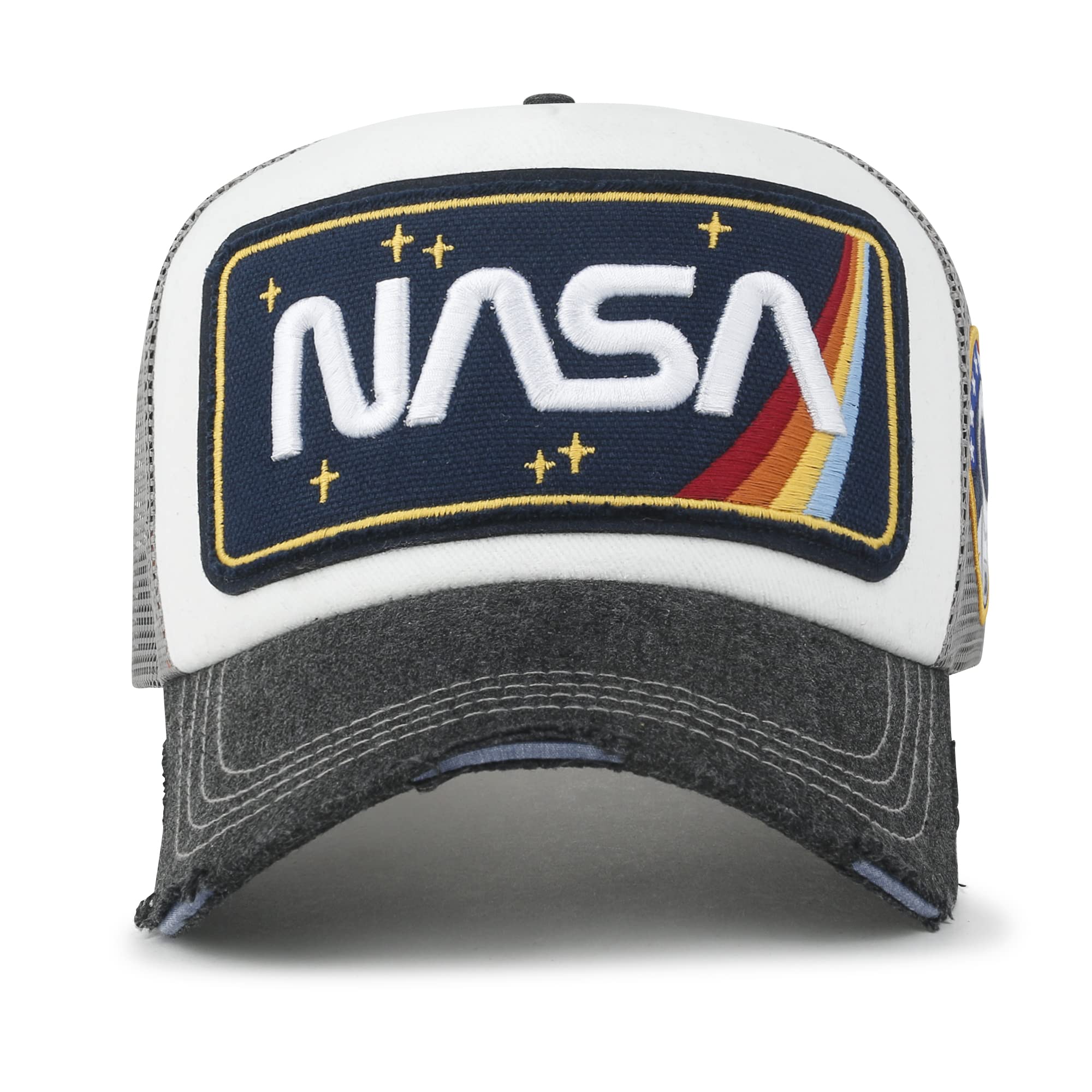 ililily NASA Worm Logo Embroidery Baseball Cap Rainbow Mesh Snap Back Trucker Hat, Grey Bill - Premium