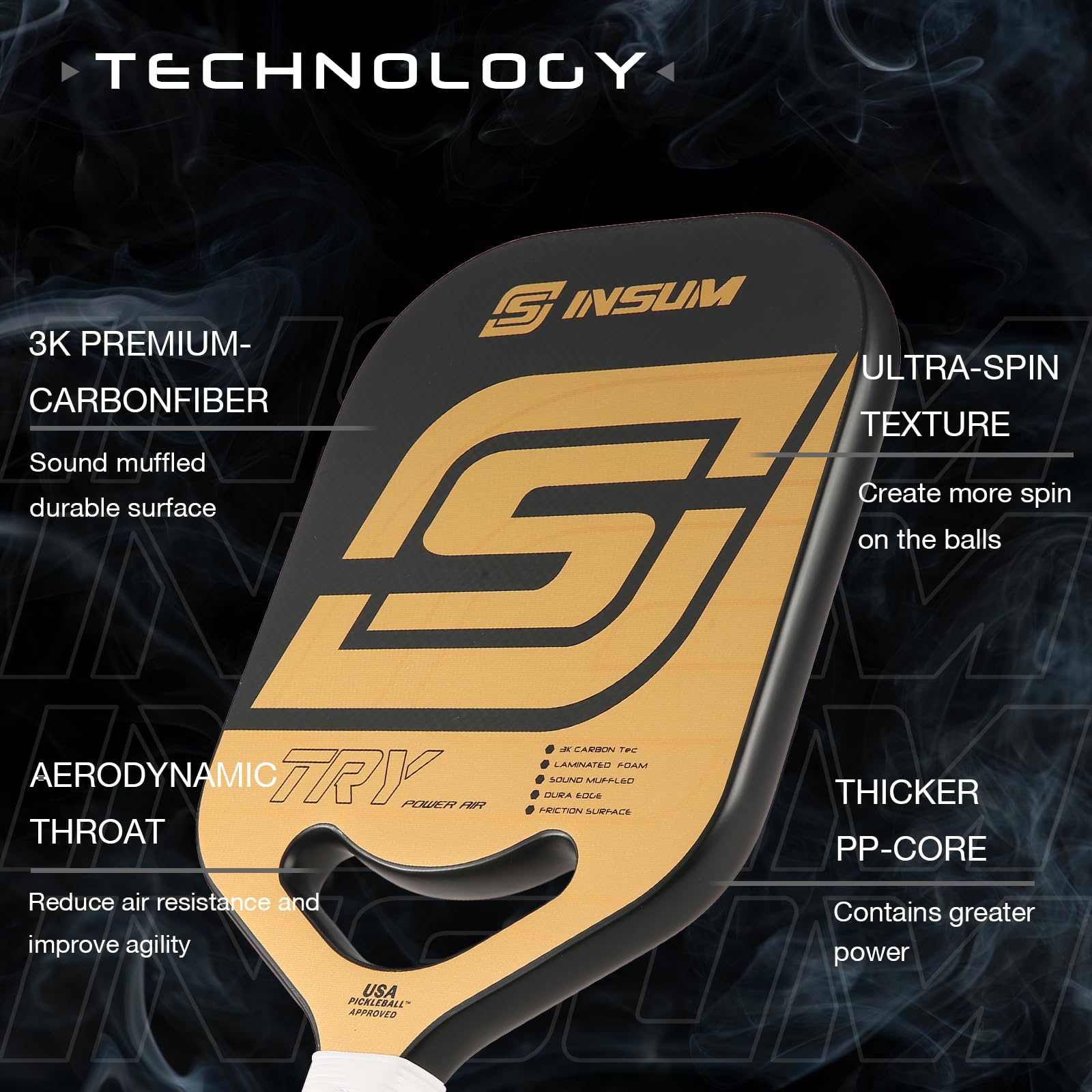 INSUM Burned Pickleball Paddle Edgeless - Power AIR Series - 3K Carbon Abrasion Surface (CAS),19.6mm Thermoforming PP Core