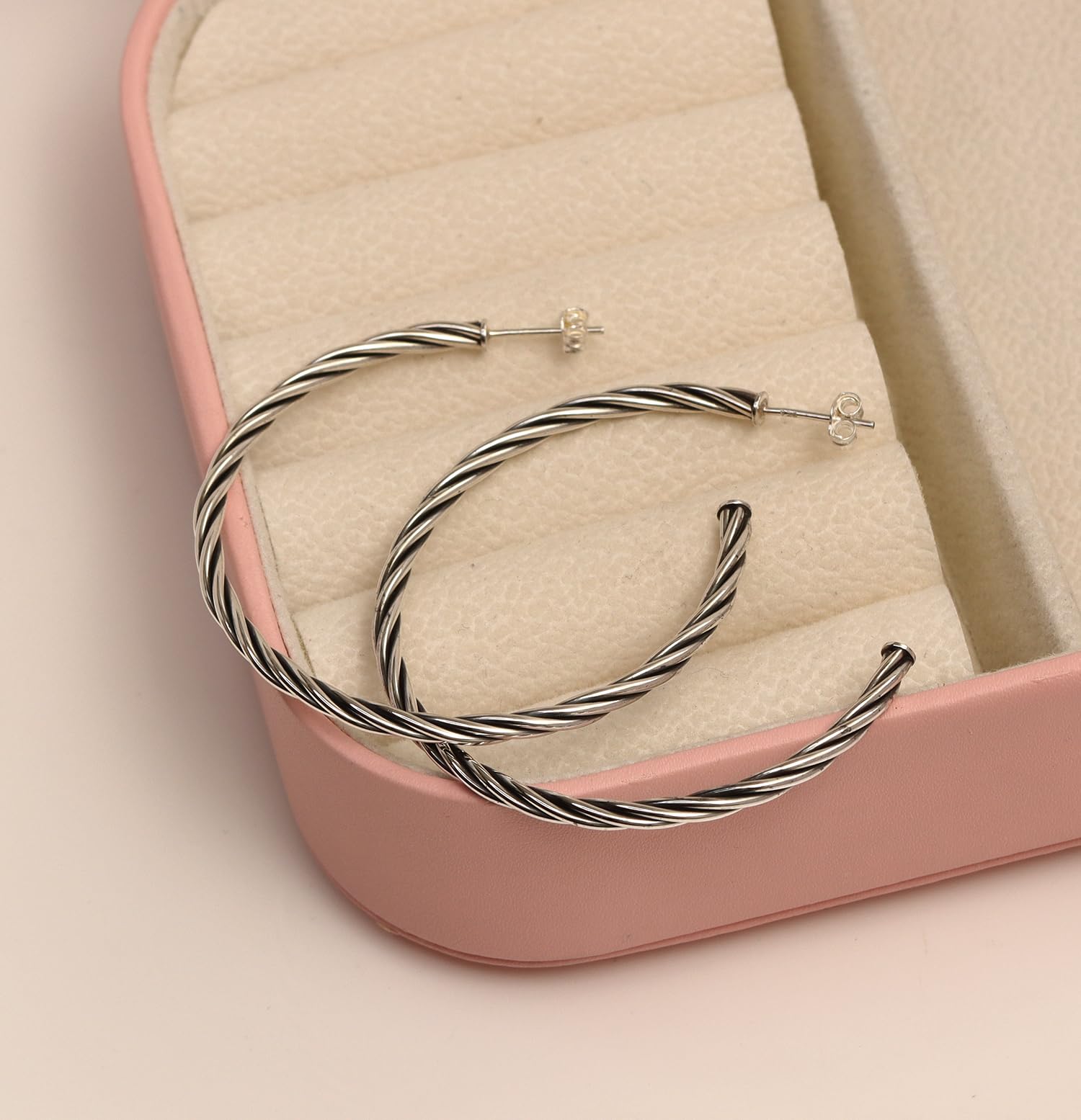 LeCalla Pure 925 Sterling Silver Twisted Diamond-Cut Open Half C Hoops Earring for Women Large Antique Sculpted Cable C Hoop Earrings for Women - 50MM