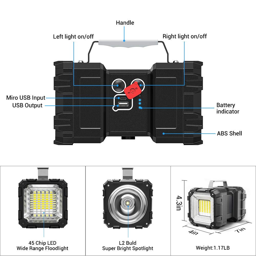 JODK Bright Rechargeable Flashlight, Portable Handheld Spotlight Searchlight 10000mAh 1200LM with 3+4 LED Lights Modes, Waterproof Flashlight with USB Output Power Bank