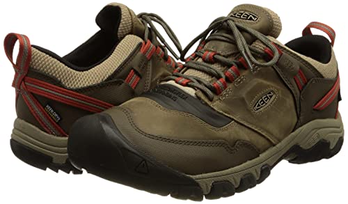 KEEN Men's Ridge Flex Low Height Waterproof Hiking Shoes, Timberwolf/Ketchup, 12 Wide