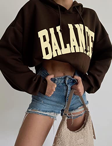 Wyeysyt Women's Letter Graphic Hoodies Casual Fashion Drawstring Sweatshirt Long Sleeve Y2k Print Pullover(Coffee-M)