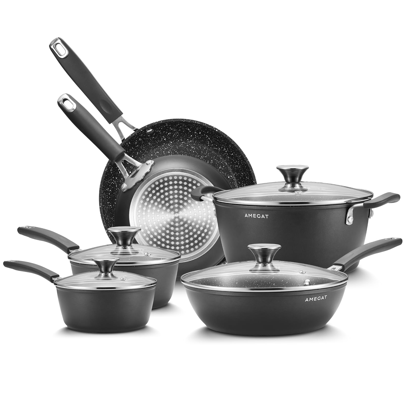 Induction Cookware Set, Pots and Pans Set 10-Piece, AMEGAT Nonstick Pan Set with Lids, Stay-Cool Silicone Handles, Frying Pans, Saucepans & Pot, for All Stoves