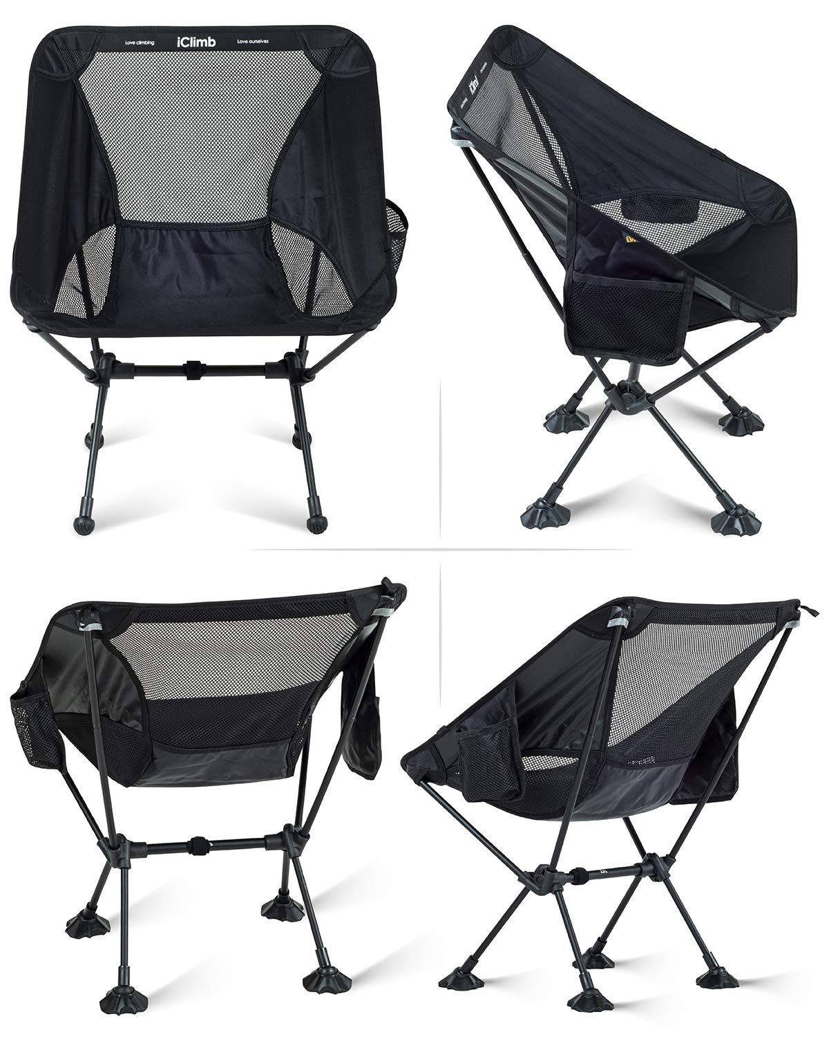 iClimb Ultralight Compact Camping Folding Beach Chair with Anti-Sinking Large Feet and Back Support Webbing (2, Black)