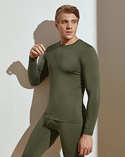 LAPASA Men's Thermal Underwear Top Crewneck Long Sleeve Shirt Base Layer Lightweight Winter Thermoflux 100 M09 Small Olive Green 2 Pack