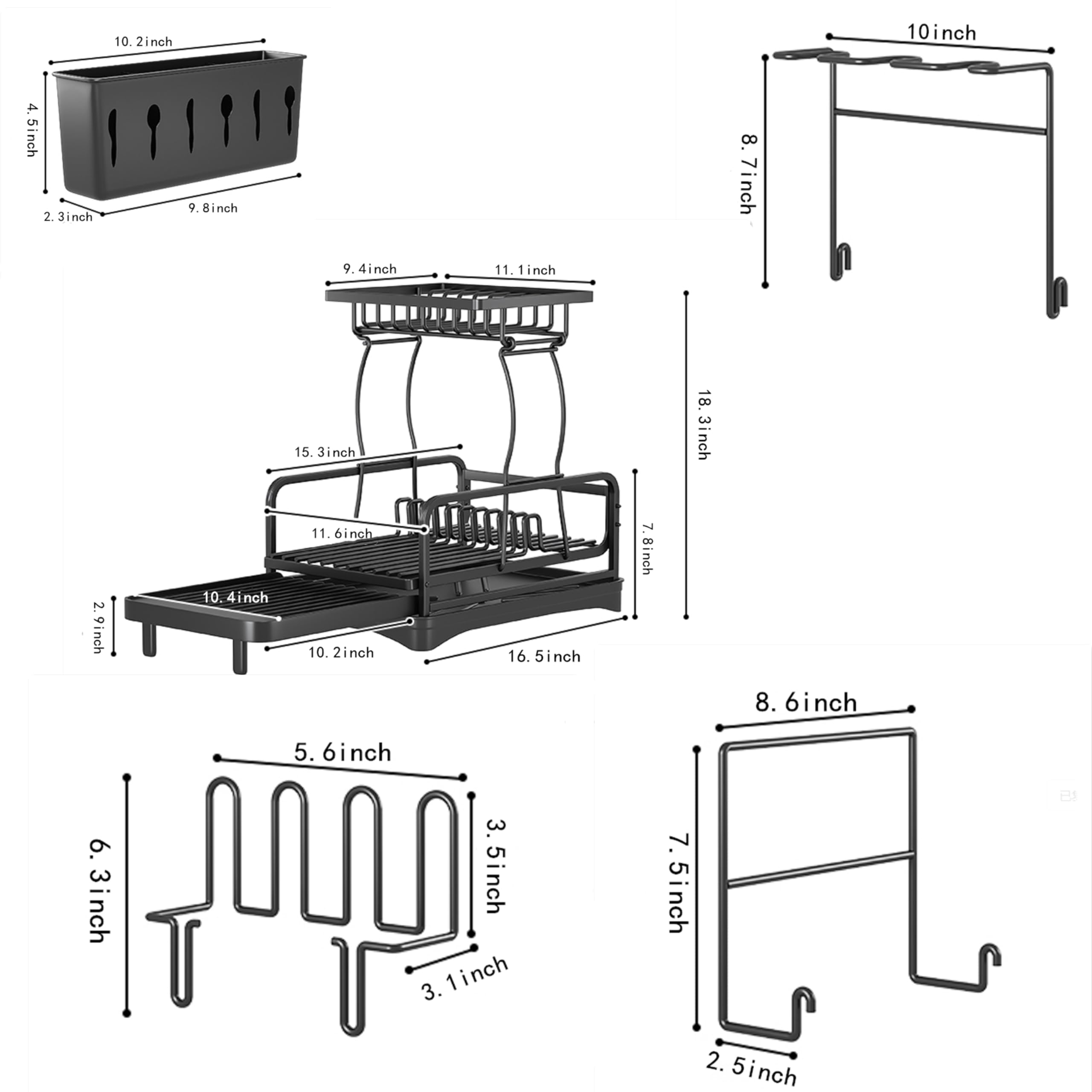 PEXOMEDO Large Expandable Dish Drying Rack,2 Tier Dish Racks for Kitchen Counter, Rack with Drainboard & Utensil Holders, Dish Drainer with Knife, Fork & Cup Rack,Kitchen Organization