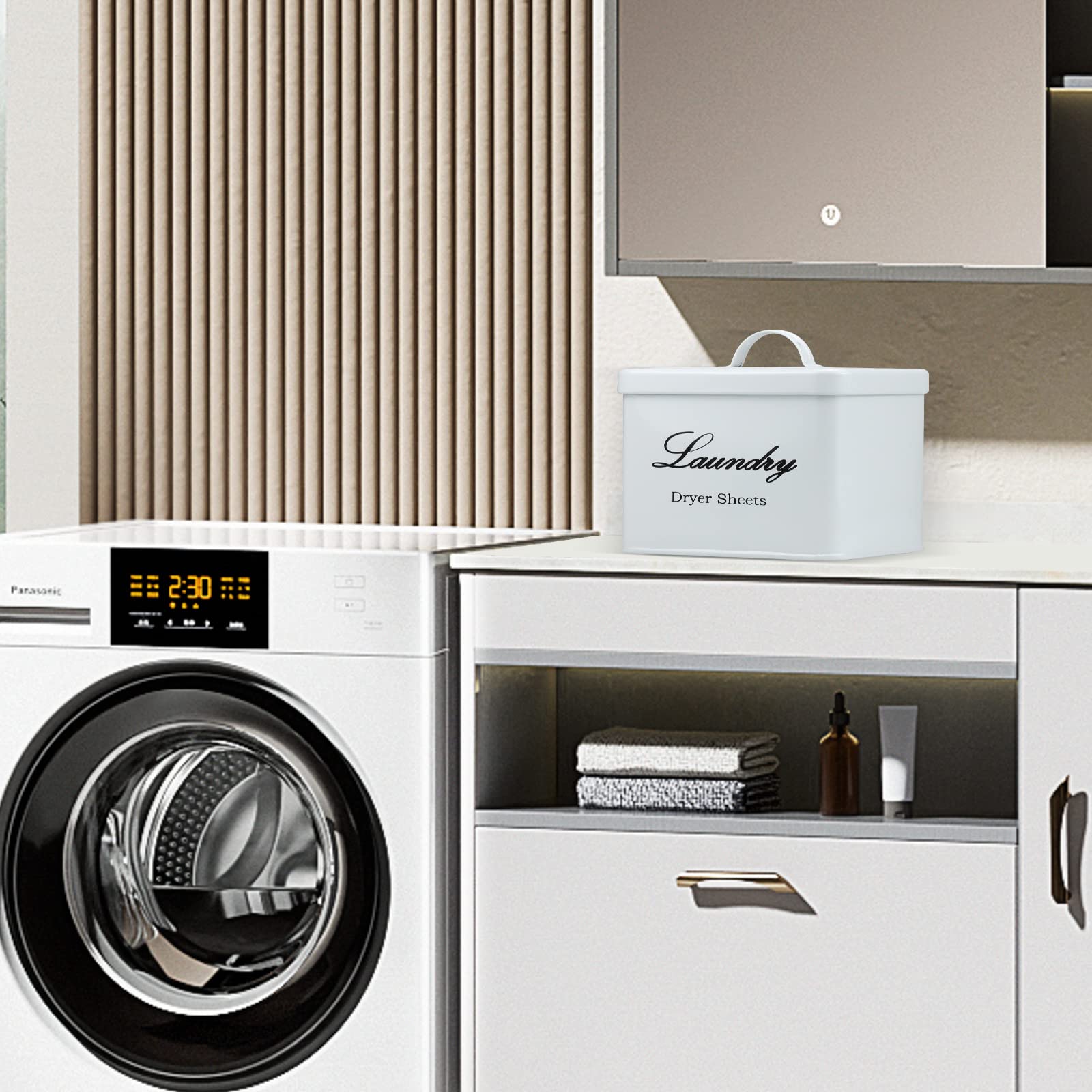 Modern Farmhouse Metal Laundry Dryer Sheets Holder Fabric Softener Dispenser with Lid for Laundry Room Decor and Accessories & Space Saving Laundry Room Organization and Storage