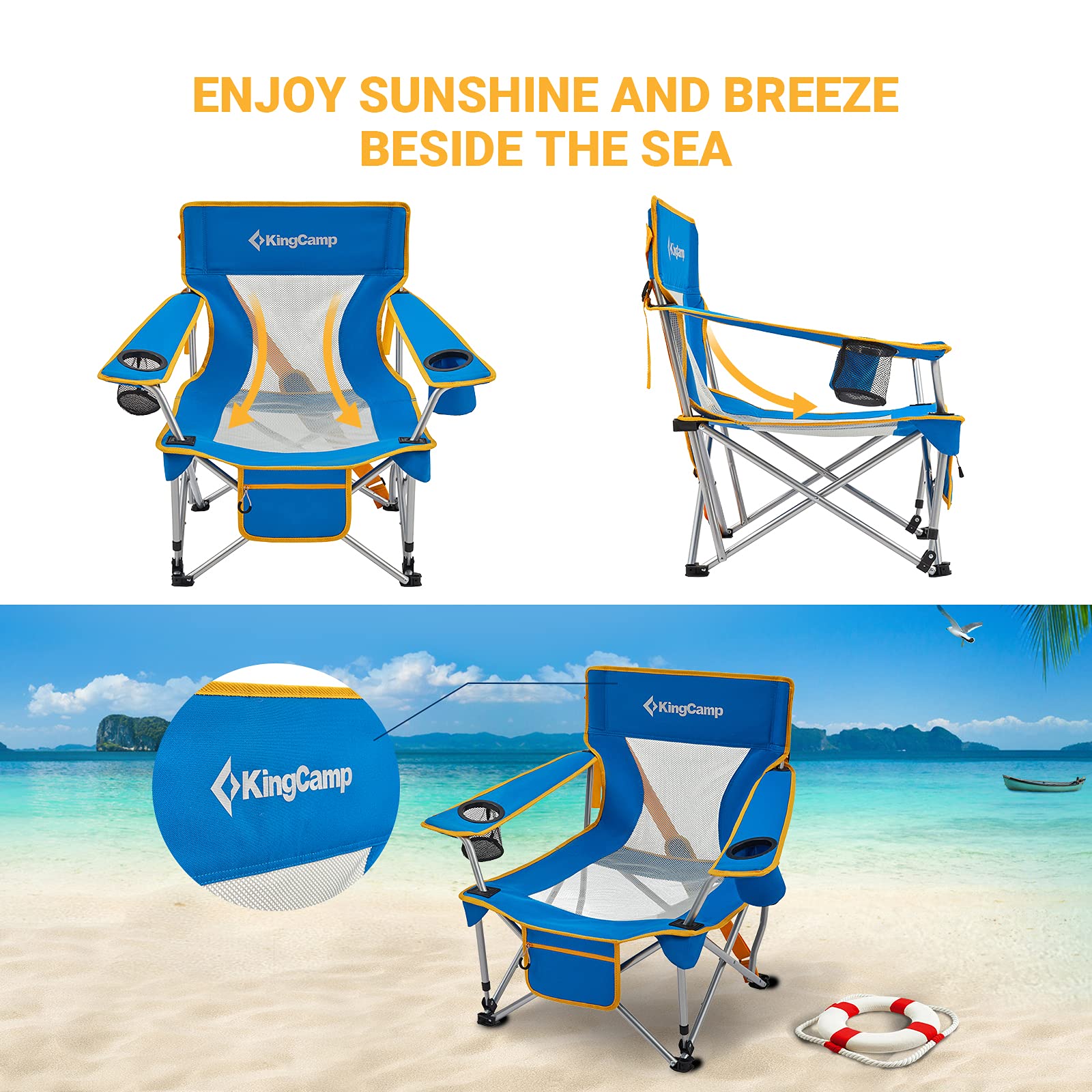 KingCamp Low Sling Beach Chairs Portable Light Weight Camping Camp Chairs with Cup Holder & Front Pocket for Outdoor