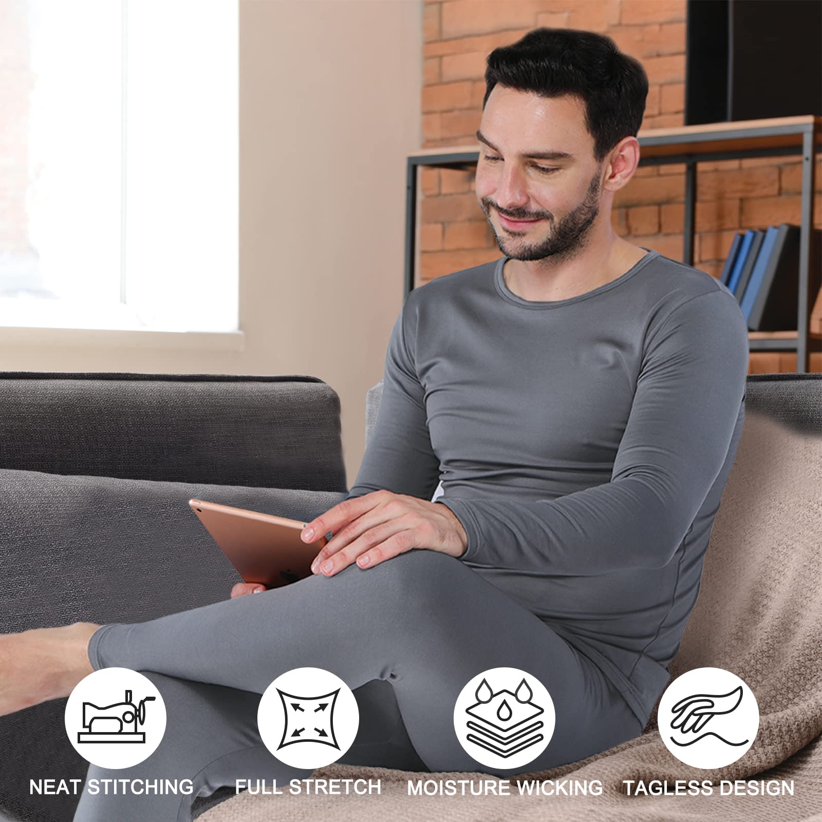MRIGNT Thermal Underwear for Men Long Johns Set Base Layer Fleece Lined Top Bottom Concrete Grey