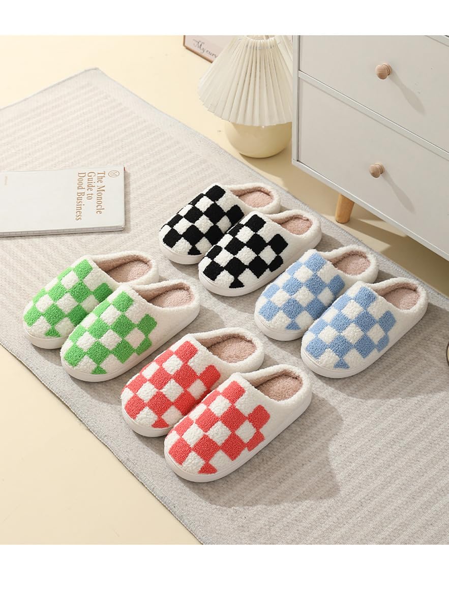 JINLONYU Checkered Slippers Cozy Warm Plush Slip-On House Shoes for Women Men Plaid Scuff Slides Blue 39-40