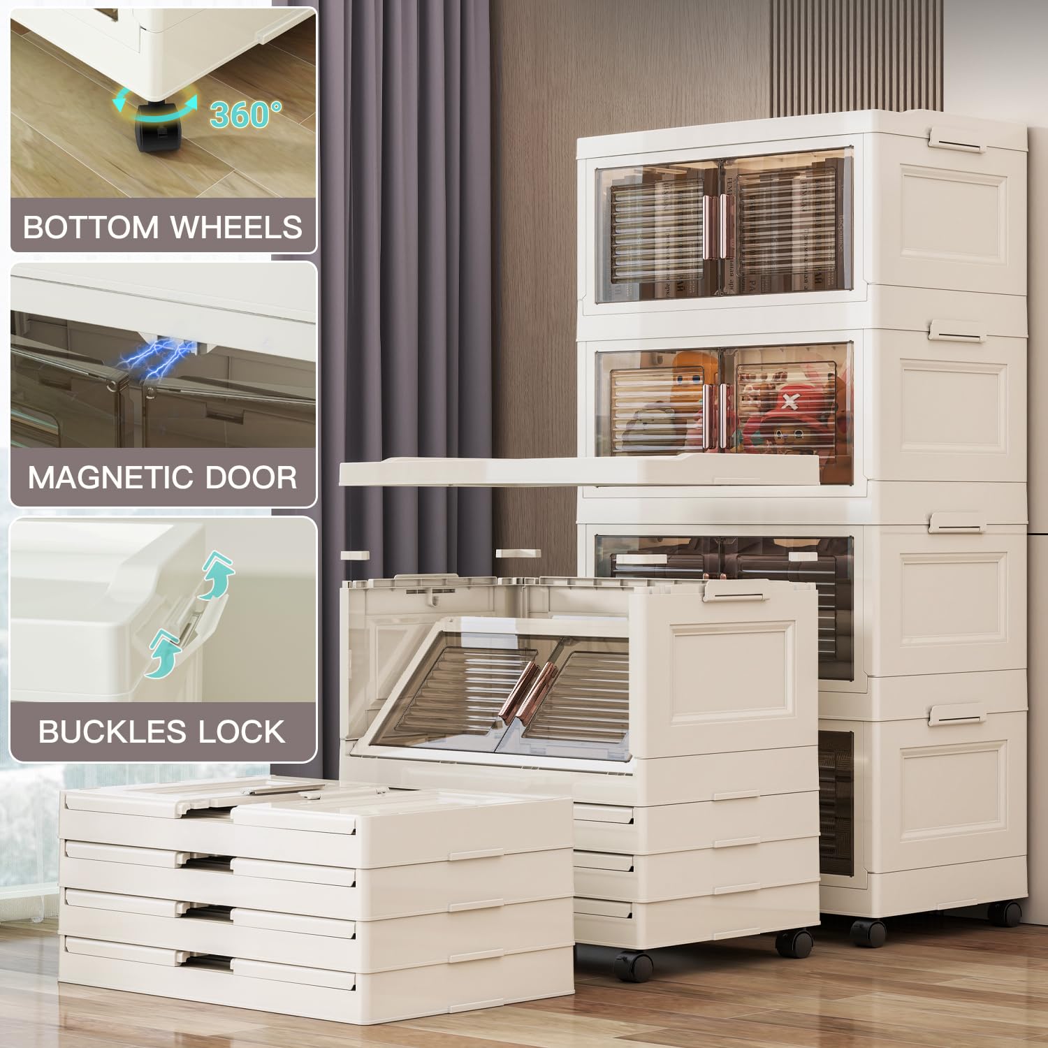 Storage Bins with Lid, 92 Gal/360 Qt Collapsible Storage Bins with Doors and Wheels, Closet Organizers and Storage,4 Pack Stackable Storage Bins Open Front,Plastic Storage Bins for Closet Clothes